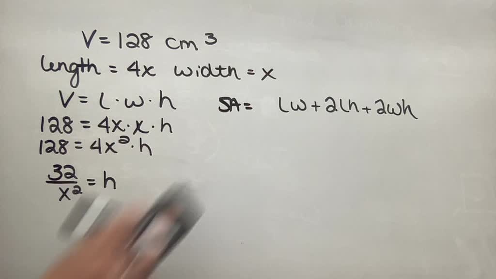 An open rectangular box is made of a very thin sheet of metal. The volume is 128 cmÂ³ and the ...