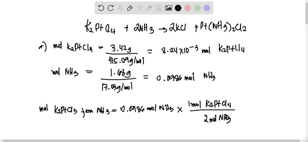 SOLVED: Consider the balanced reaction: K2PtCl4 + 2NH3 -> 2KCl + Pt(NH3 ...