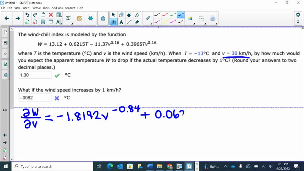 SOLVED: The wind-chill index is modeled by the function W = 13.12 + 0 ...