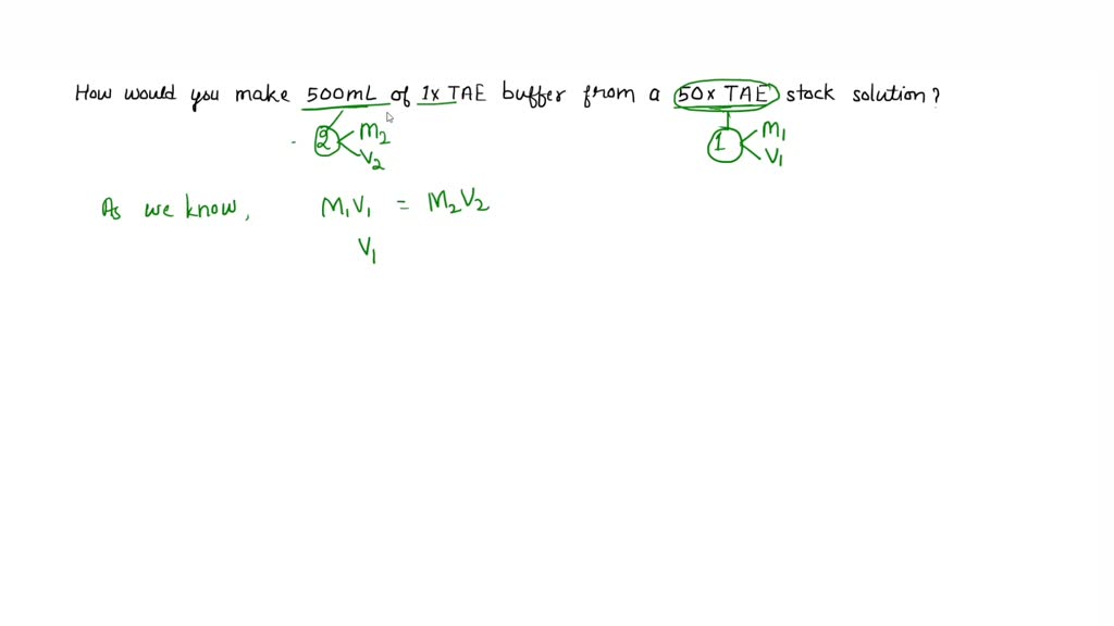 SOLVED: describe how you would make 500 mL of 1x TAE buffer from a 50x TAE stock solution