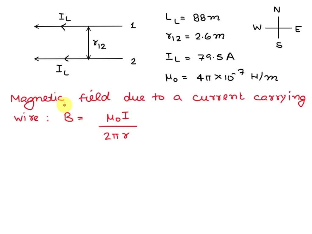 SOLVED: Problem Two power lines, line 1 and line 2, both of length L = 88 m, are strung east ...