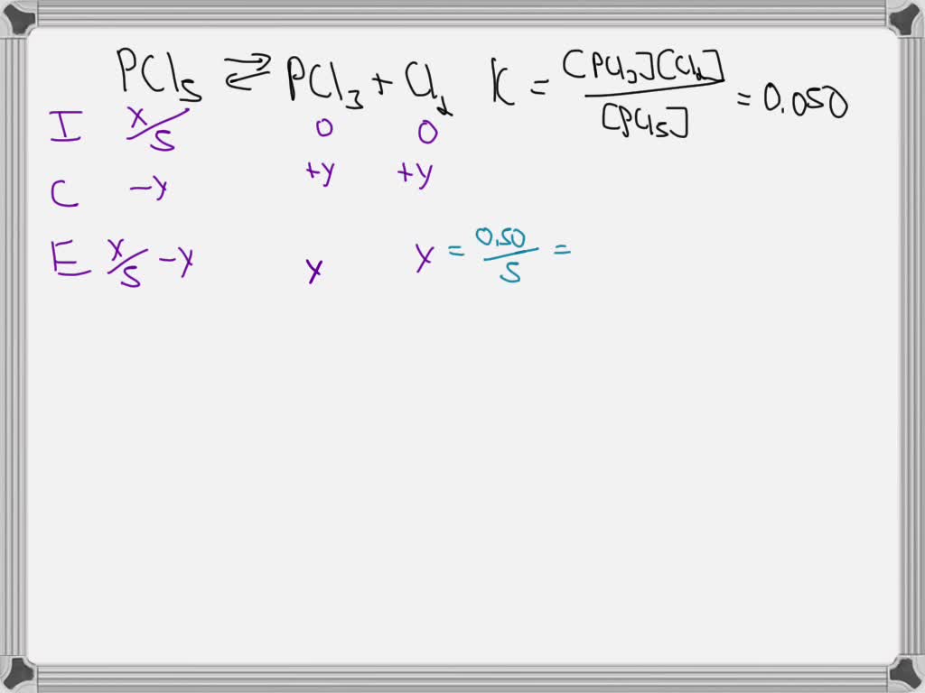 SOLVED: PCl5⇌PCl3 +Cl2 K=0.050 at 150 celsius, a quantity of PCl5 is placed in a 5 liter jar at ...