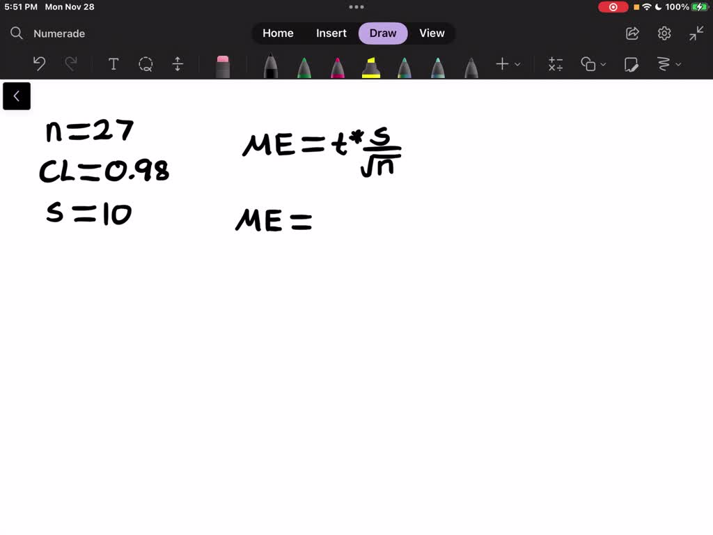 SOLVED: If n=27, ¯ x (x-bar)=34, and s=10, find the margin of error at ... SOLVED: If n=27, ¯ x (x-bar)=34, and s=10, find the margin of error at ...
