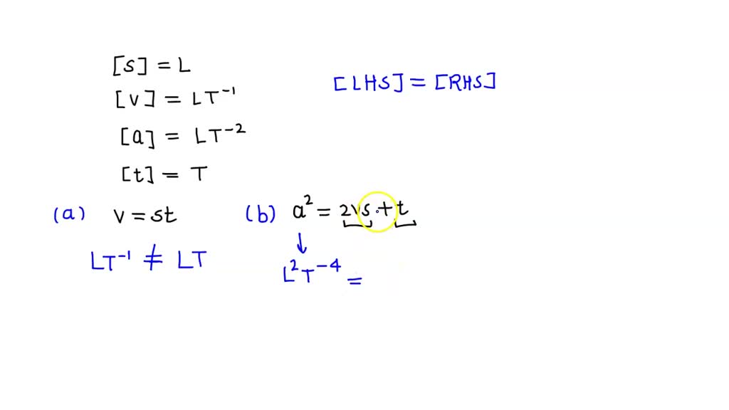 SOLVED: Consider the physical quantities s, v, a, and t with dimensions ...