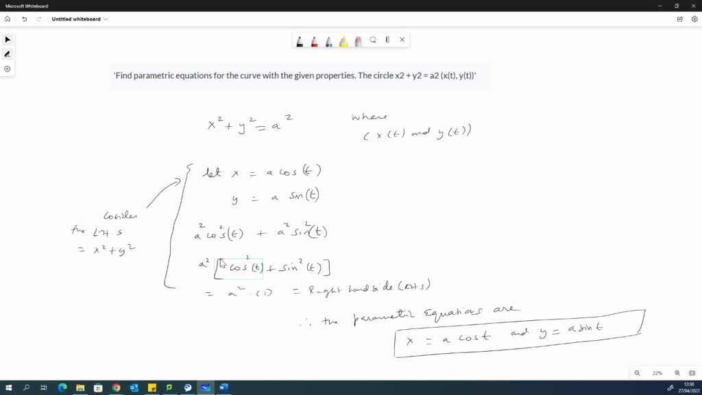 SOLVED: 'Find parametric equations for the curve with the given properties. The circle x2 + y2 ...