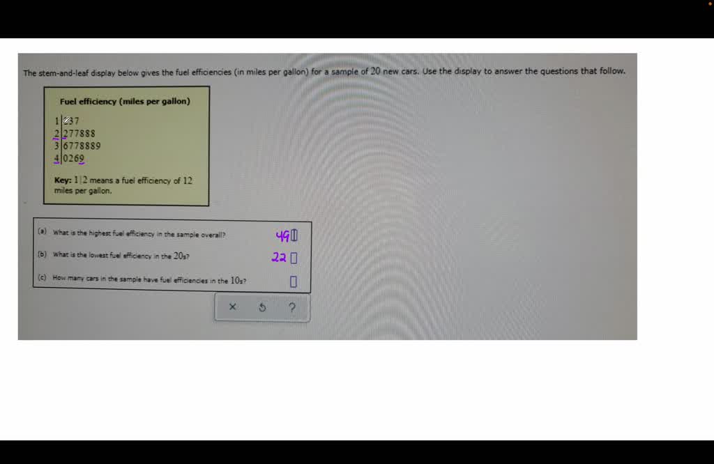 The stem-and-leaf display below gives the fuel efficiencies (in miles ...