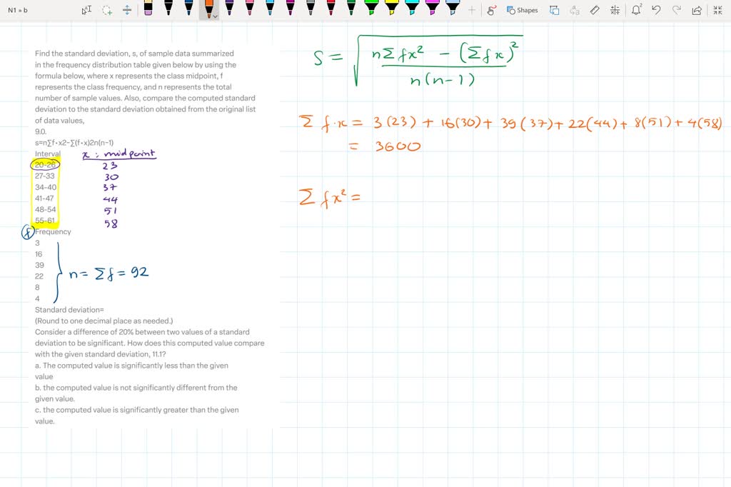 SOLVED: Find the standard deviation, s, of sample data summarized in ...