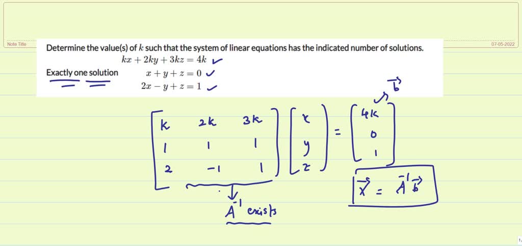 Solved Determine The Values Of K Such That The System Of Linear 8464