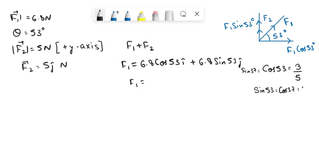 A force F1 of magnitude 6.80 units acts at the origin in a direction 53 ...