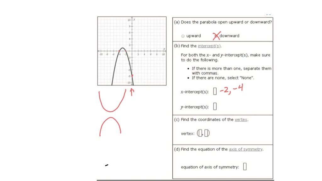SOLVED: Use the graph of the parabola to fill in the table. Does the parabola open upward or ...