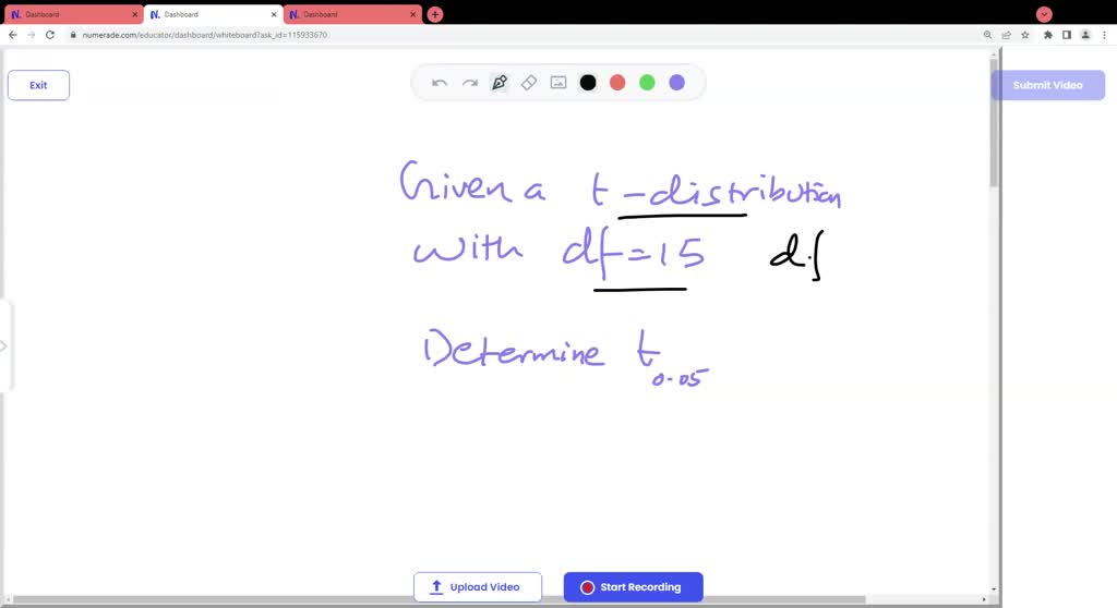 SOLVED: For a t-curve with df=15 , use a t-distribution table to find the t-value t0.05.