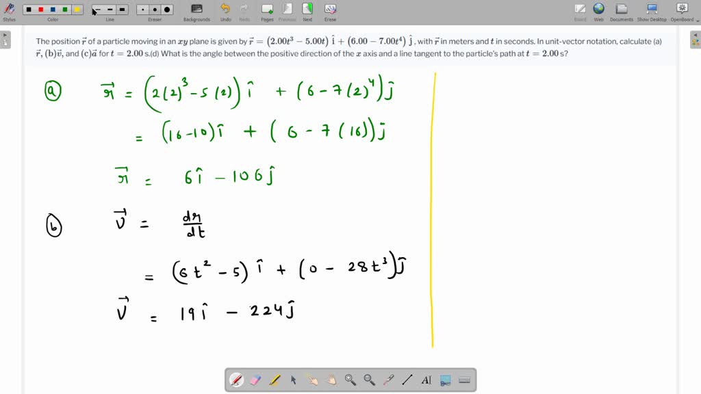 The position r⃗ of a particle moving in an x y plane is given by r⃗=(2.00 t^3-5.00 t) î+(6.00-7. ...