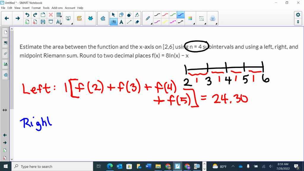 SOLVED: Estimate the area between the function and the x-axis on [2,6] using n = 4 subintervals ...