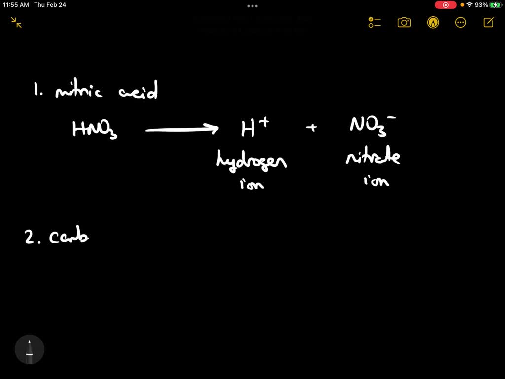 SOLVED: 1. nitric acid, HNO3 Express your answer as an ion. 2. carbonic acid, H2CO3 Spell out ...
