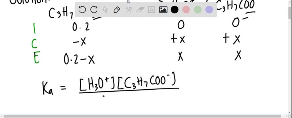 SOLVED: Calculate the pH of a 0.2 M butyric acid (C3H7COOH) solution with a Ka value of 1.5 x 10^-5.
