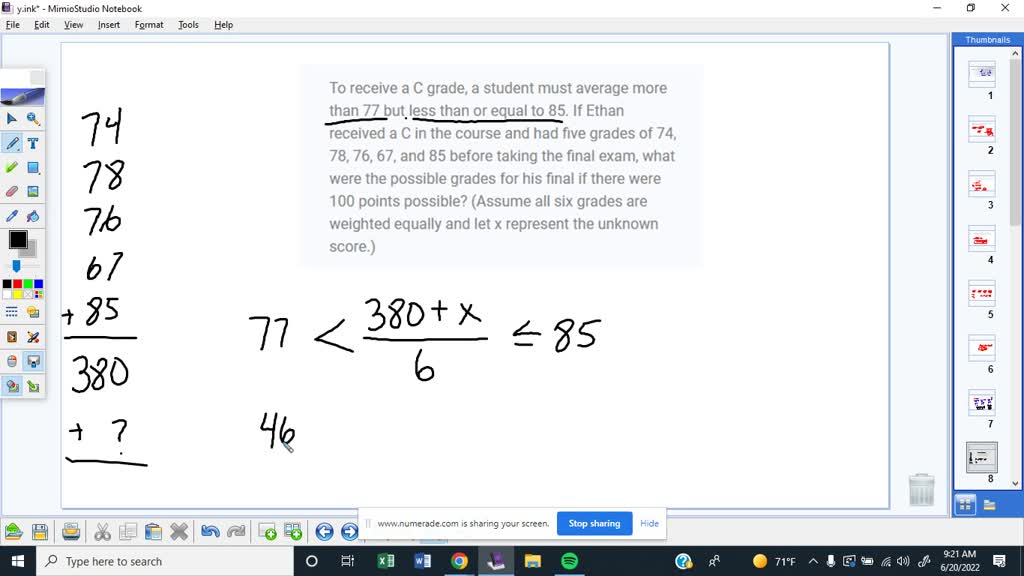 To receive a C grade, a student must average more than 77 but less than ...