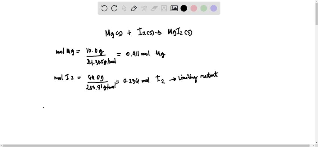 SOLVED: In this reaction: Mg (s) + I₂ (s) → MgI₂ (s), if 10.0 g of Mg ...