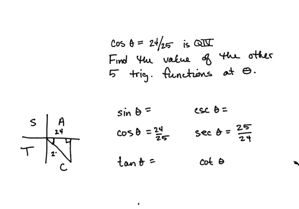 SOLVED: 1. If cosθ=(24)/(25) and θ is in quadrant IV, find the other five trigonometric ...