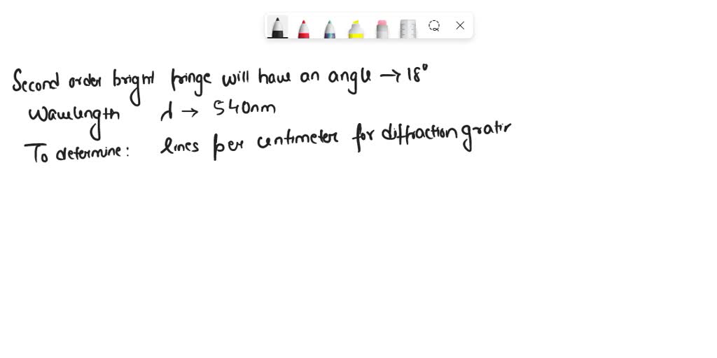 SOLVED: Diffraction Grating: The second order bright fringe has an angle of 18 degrees using a ...