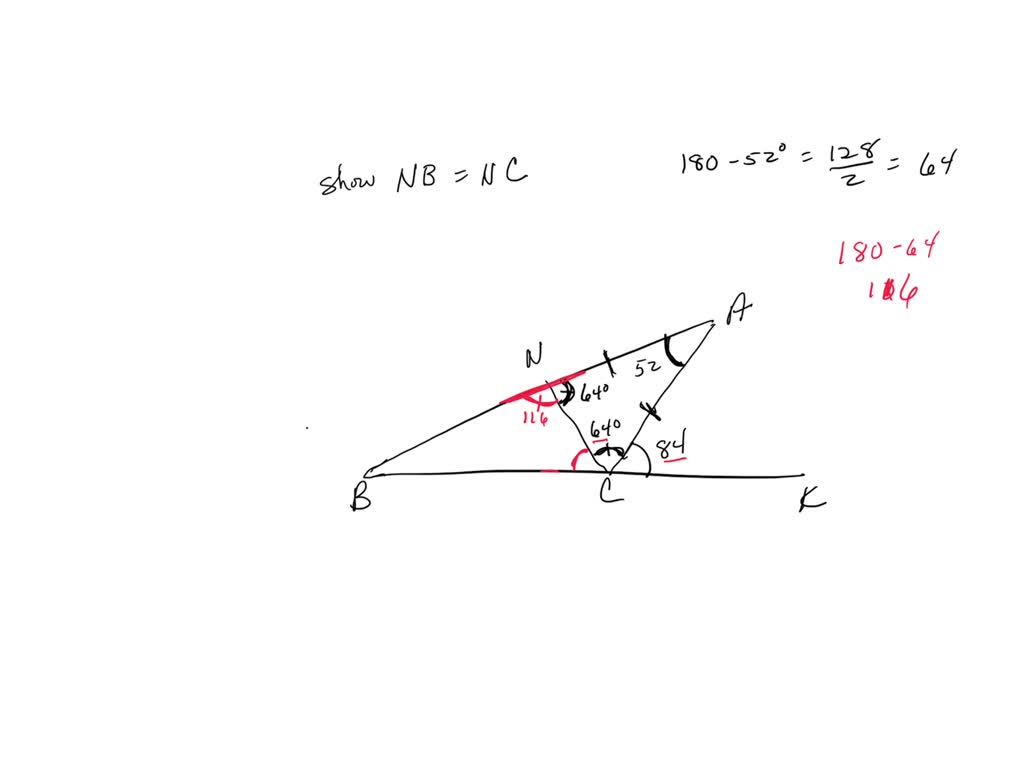 SOLVED: In the figure given below, AN = AC, angle BAC = 52Â°, angle ACK = 84Â°, and BCK is a ...