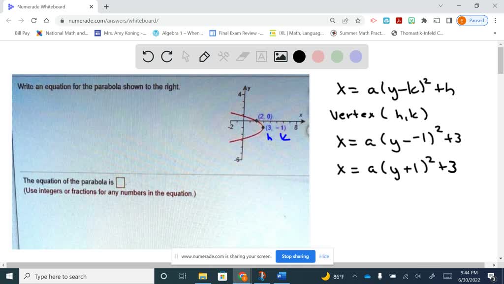SOLVED: Write an equation for the parabola shown to the right The ...