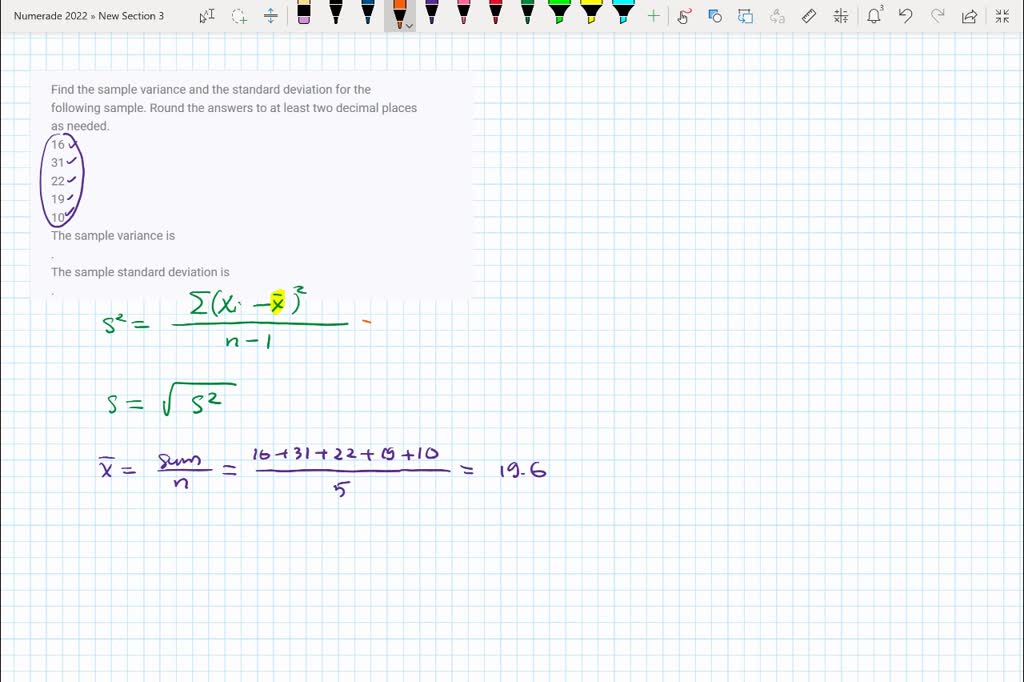 SOLVED: Find the sample variance and standard deviation for the ...