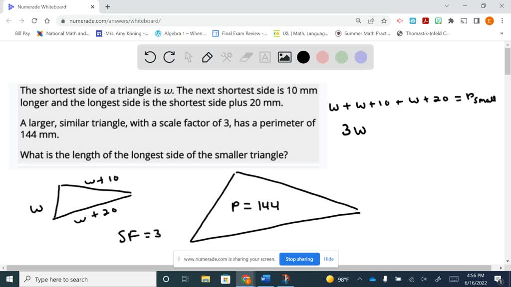 SOLVED: PLZ HELP WITH MATHS The shortest side of a triangle is w. The ...