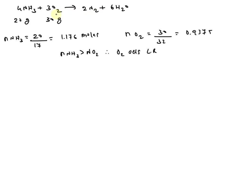 SOLVED: 4 NH3 + 3 O2 → 2 N2 + 6 H2O How many grams of N2 can be produced when 20.00 g of NH3 ...