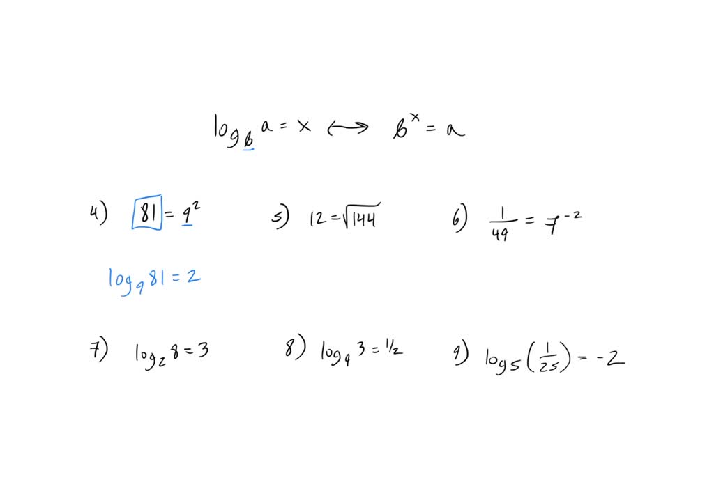 SOLVED: In numbers 4-6, rewrite the following exponential equations in ... SOLVED: In numbers 4-6, rewrite the following exponential equations in ...
