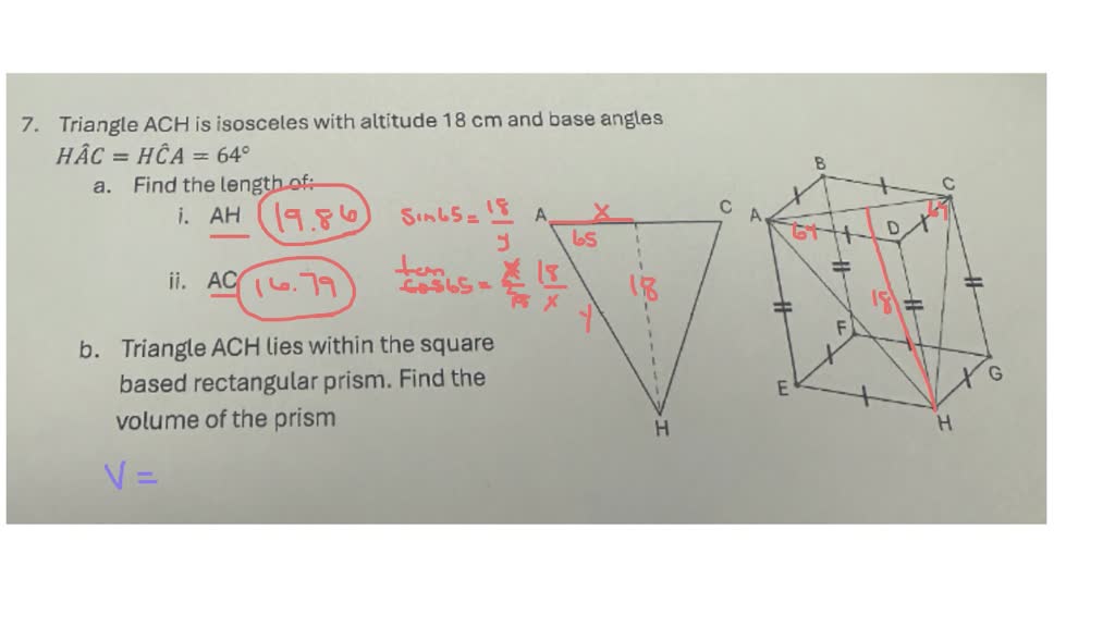 SOLVED: 7. Triangle A C H is isosceles with altitude 18 cm and base ...
