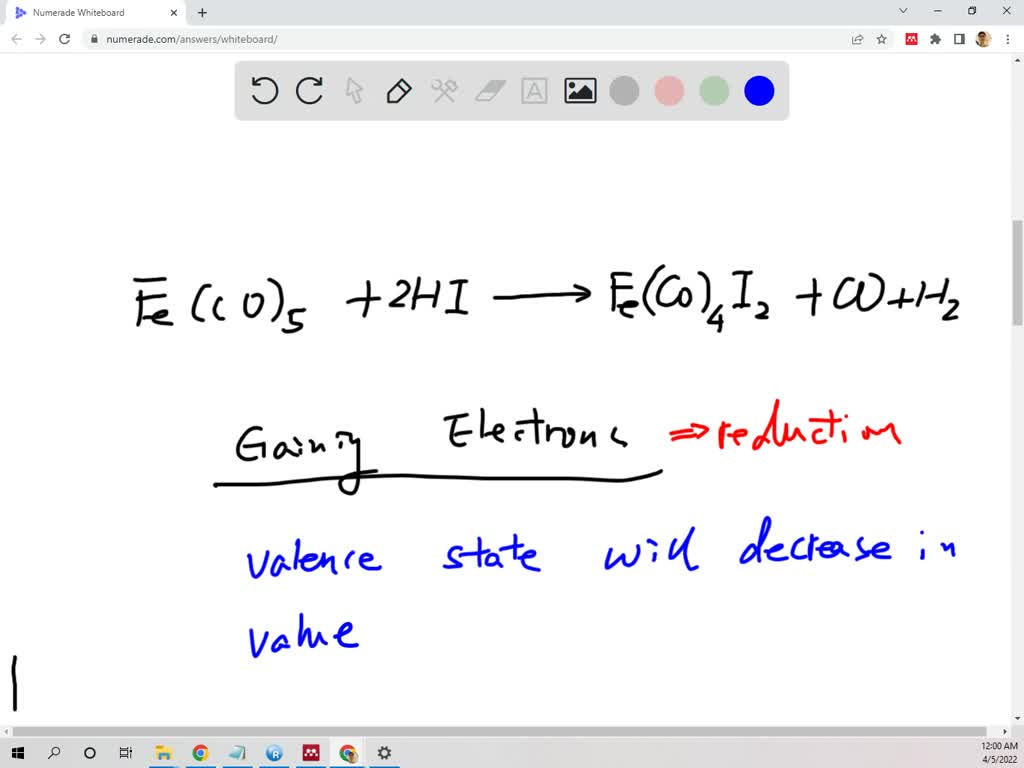 Which element is reduced in the reaction below? Fe(CO)5 (l) + 2HI (g) → ...