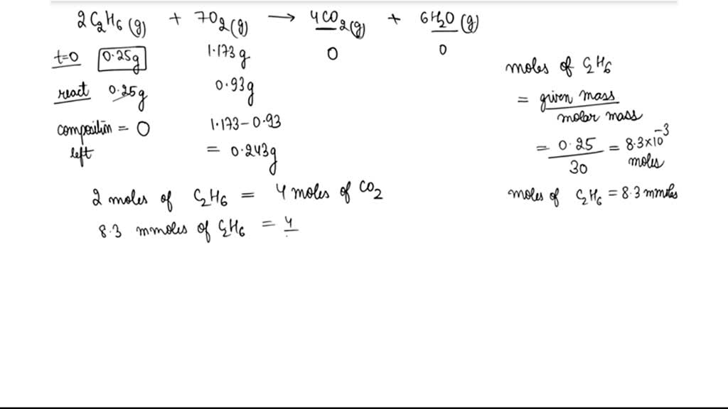 SOLVED: Use the balanced equation for the combustion of ethane to complete the table: 2C2H6(g ...