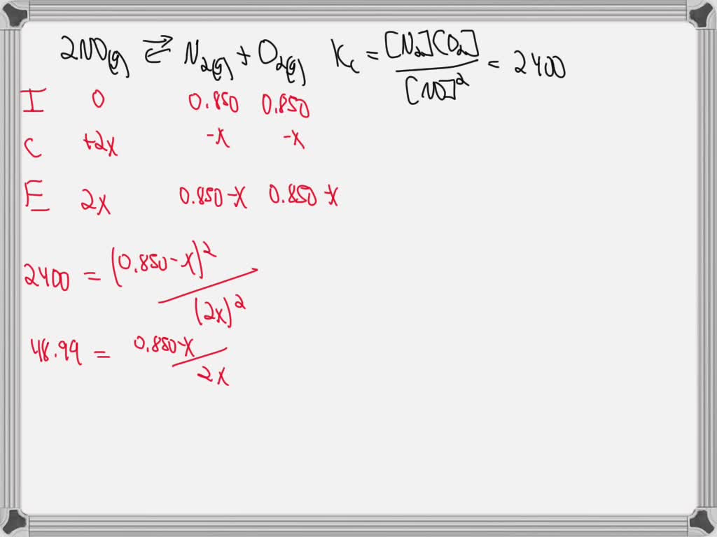 The reaction 2NO(g) â†” N2(g) + O2(g) has a Kc value of 2400 at 2000 K. If 0.850 M each of N2 ...