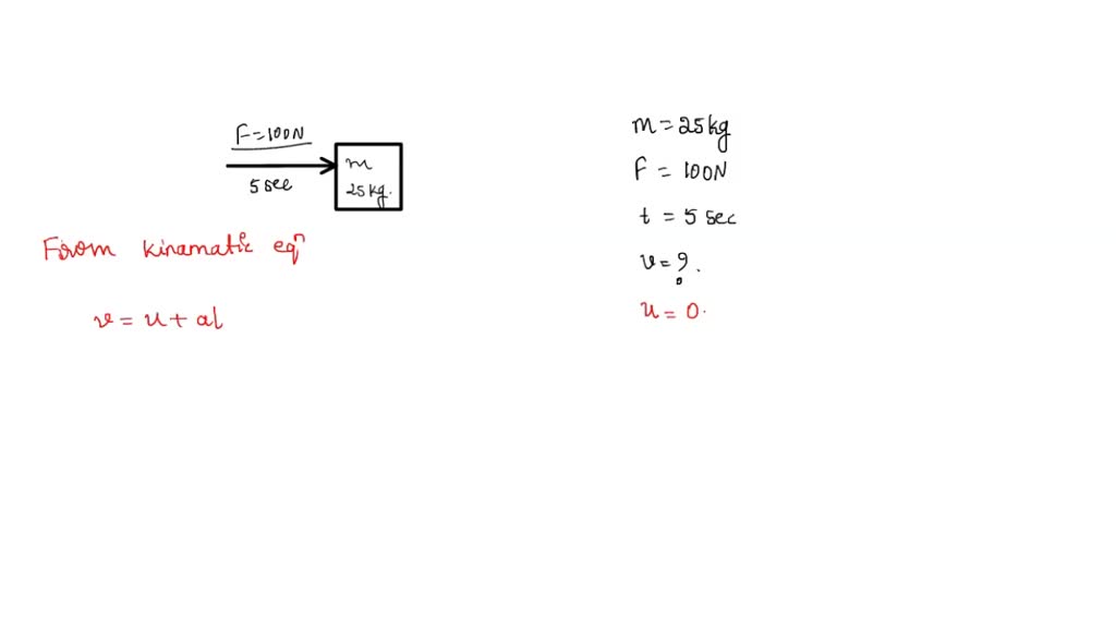 SOLVED: A force of 100N is applied on a 25 kg mass for 5 sec.what would ...