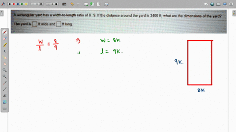 A rectangular yard has a width to length ratio of 7 8 if the...