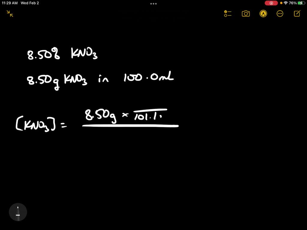 SOLVED: Determine the molarity of a 8.50% KNO3 solution (GMW of KNO3 = 101.1g/mole)