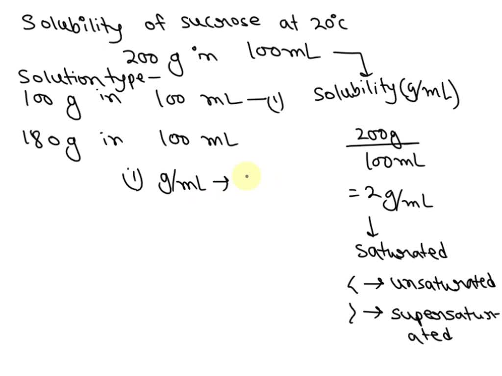SOLVED: 'The solubility of sucrose at 20 € is 200 g in 100 ml of water. Determine whether the ...