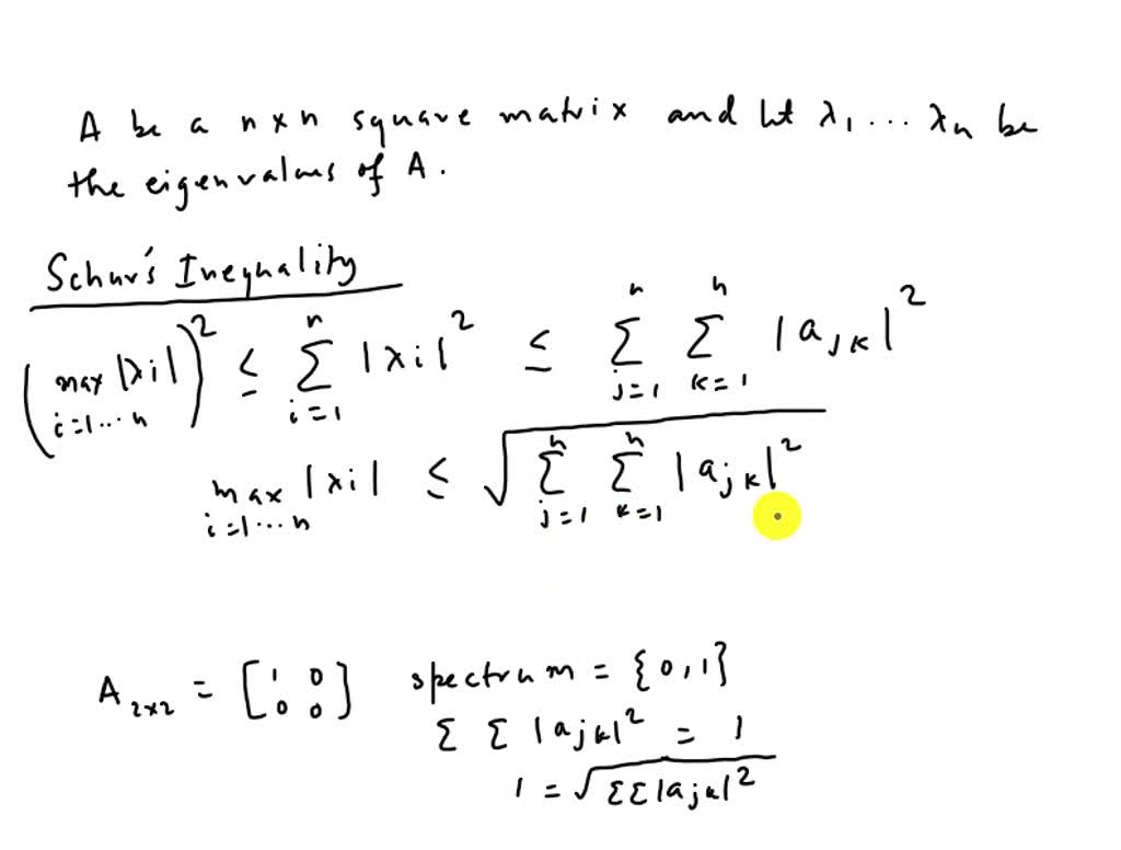 SOLVED: (Schur's inequality) Let A = (ajk) be an n-rowed square matrix and let Î»1, Î»2, ..., Î ...