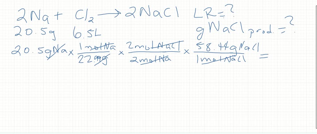 SOLVED: 6.5 liters of chlorine gas reacts with 20.5 grams of sodium to ...