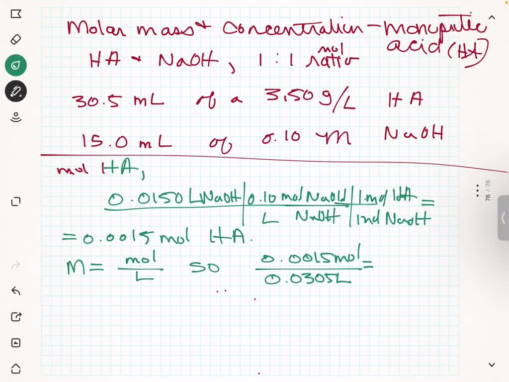 SOLVED: A student titrates 30.5 mL of a 3.50 g/L monoprotic acid (HA ...