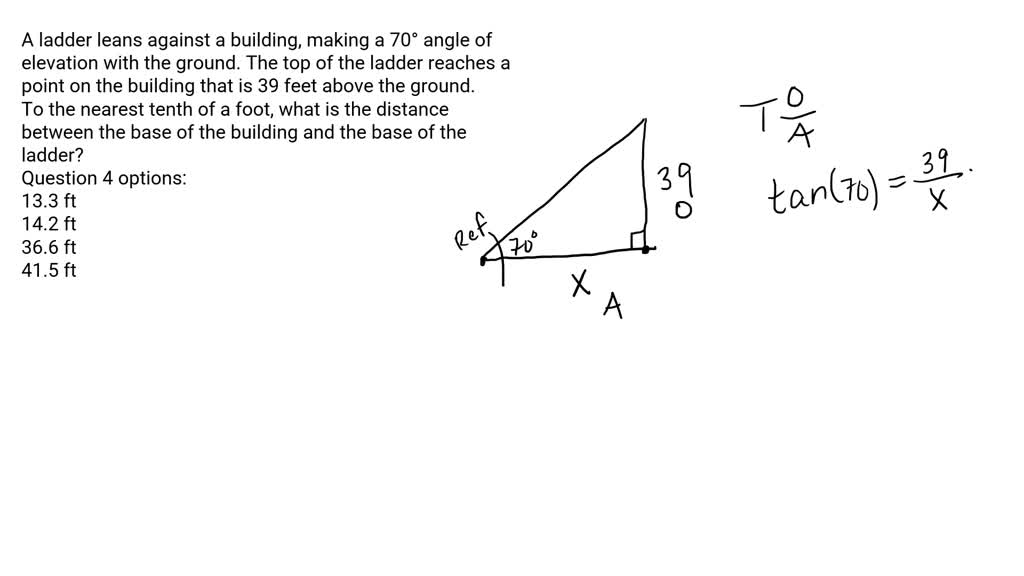 SOLVED: A ladder leans against a building, making a 70° angle of ...