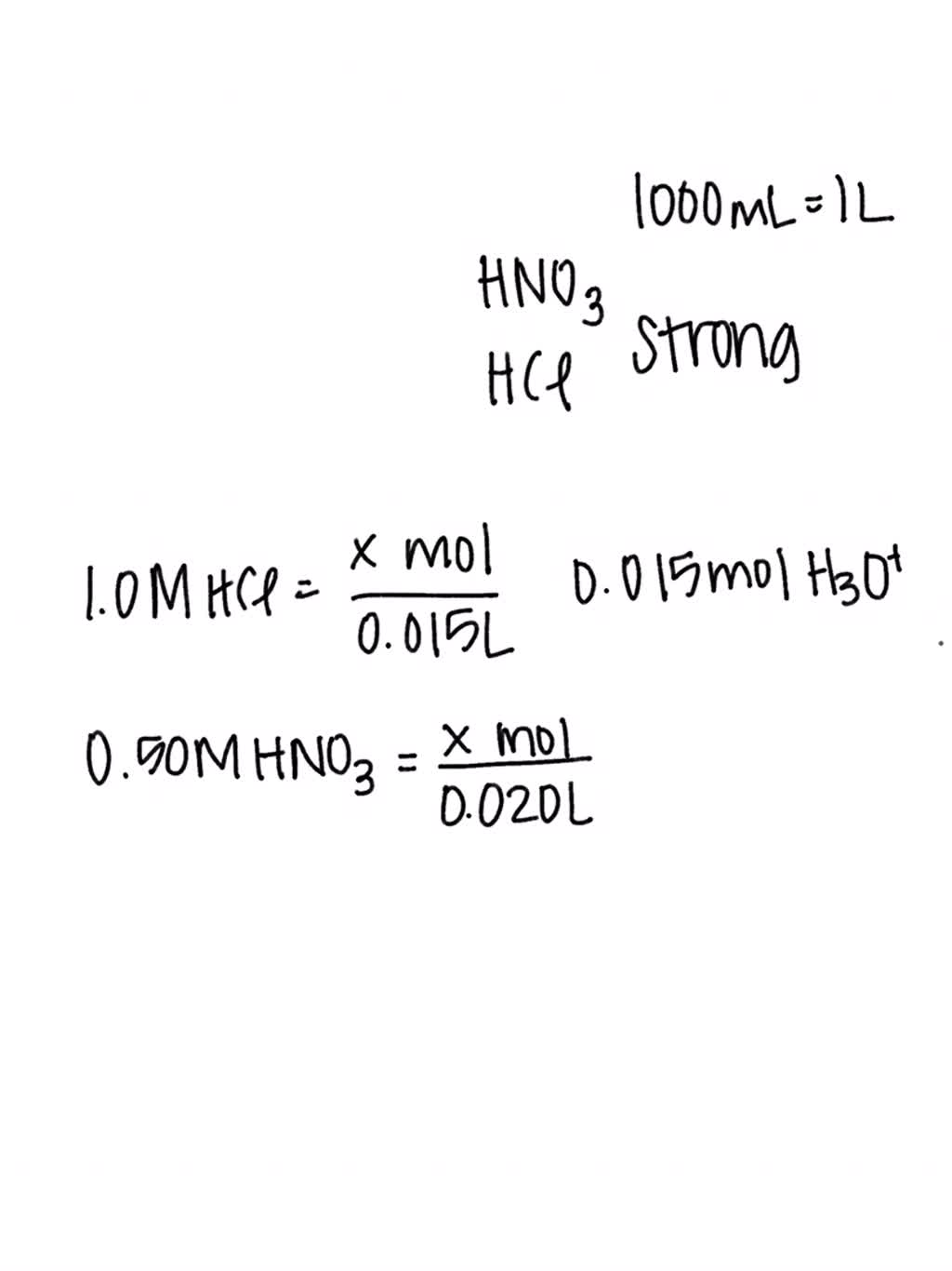 SOLVED: A solution is prepared using 15.0 ml of 1.0 M HCl and 20.0 ml of 0.50 M HNO3. The final ...