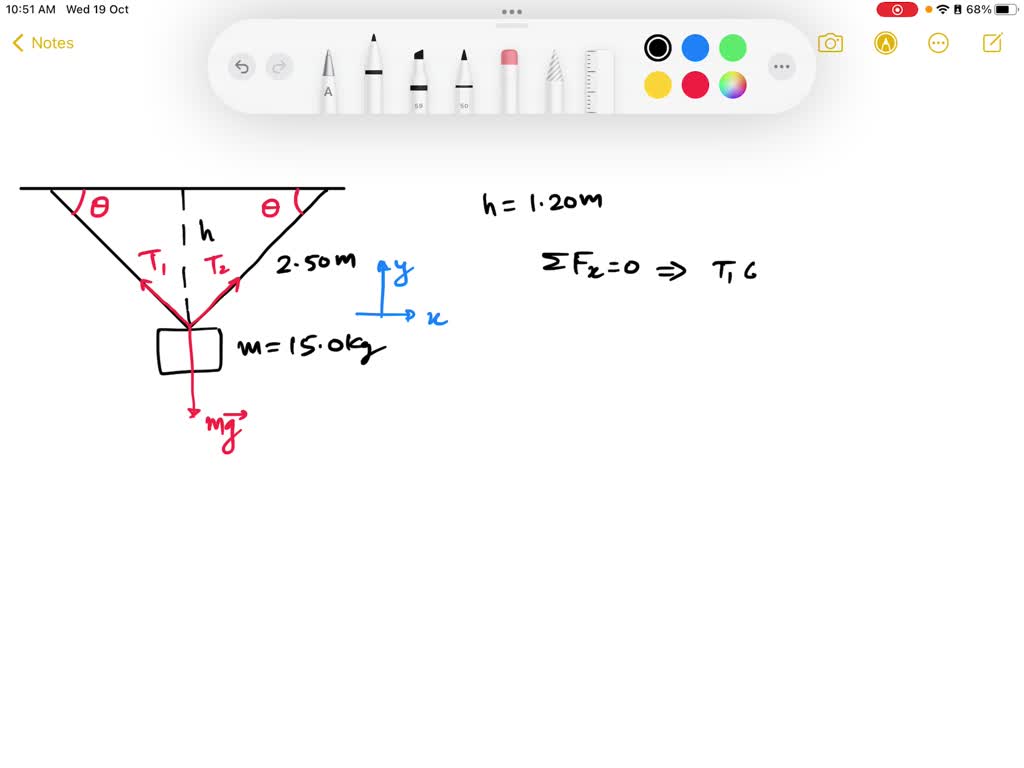 SOLVED: A 15.0 kg loudspeaker is suspended 1.20 m below the ceiling by two 2.50 m long cables ...