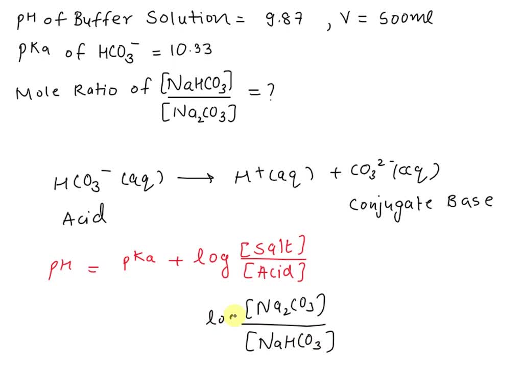 SOLVED: The pKa value for H3CO3 is 6.38.What mole ratio of NaHCO3 to H2CO3 is needed to prepare ...