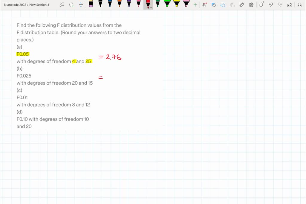 Find the following F distribution values from the F distribution table ...
