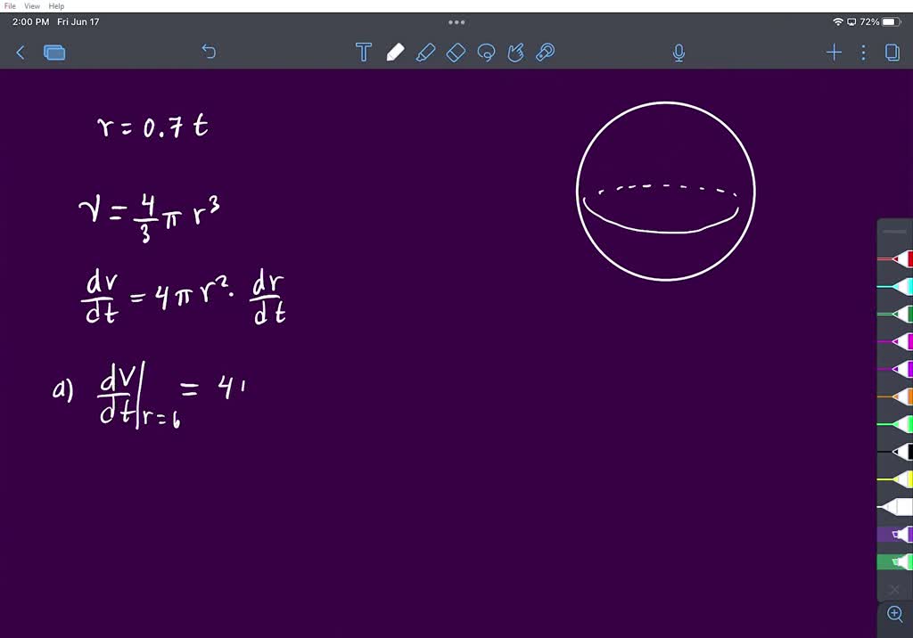 SOLVED: An expanding sphere has a radius of 9.0t cm at time (in seconds ...