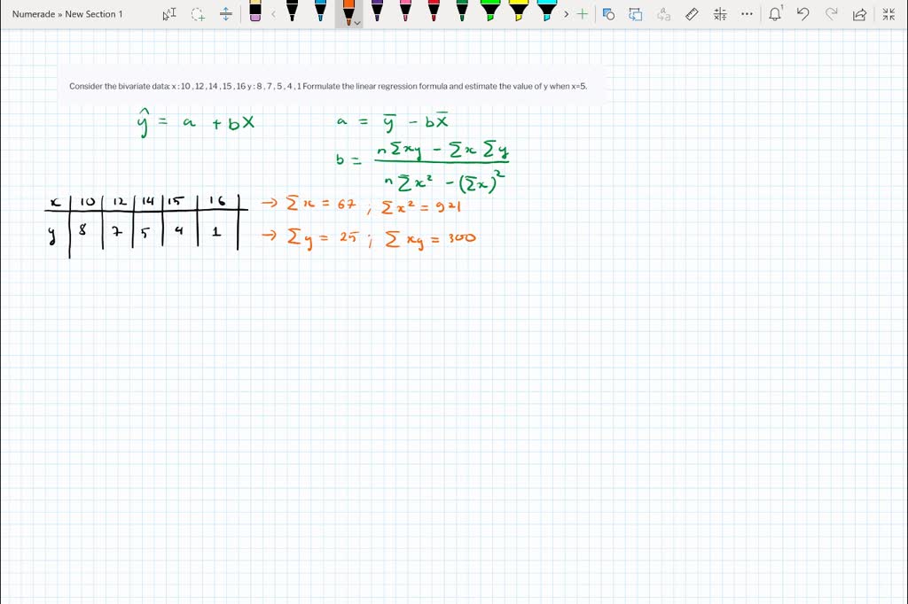 SOLVED: Consider the bivariate data: x : 10 , 12 , 14 , 15 , 16 y : 8 ...