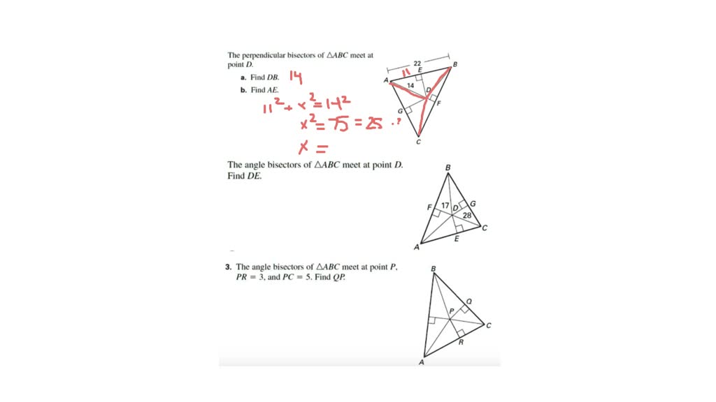 SOLVED: The perpendicular bisectors of ABC meet at point D. Find DB. Find AE. The angle ...
