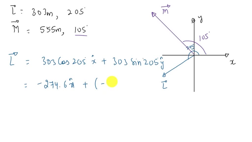 Vector L is 303m long in a 205° direction.Vector M is 555m long in a ...