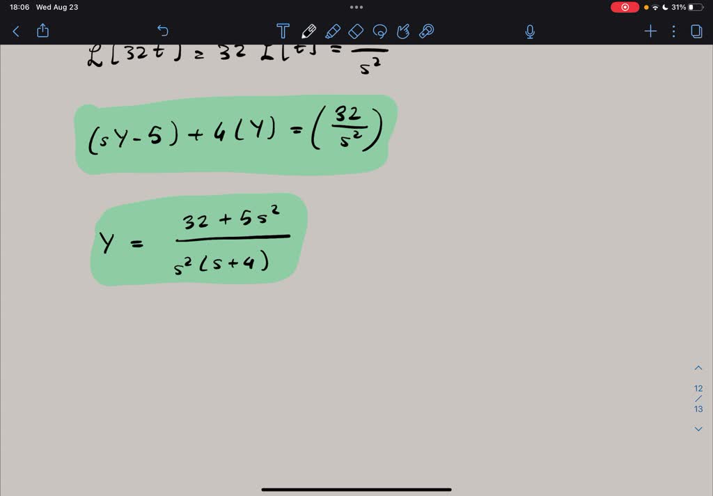 SOLVED: Consider the initial value problem: Y + 4y = 32t, y(0) = 5. Take the Laplace transform ...
